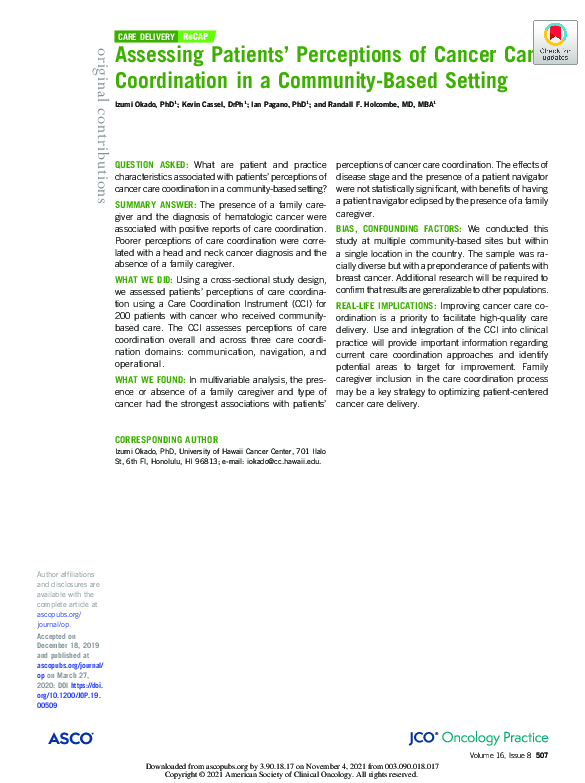 (PDF) Assessing Patients’ Perceptions of Cancer Care Coordination in a ...