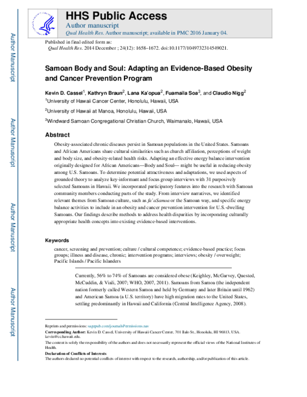 (PDF) Samoan body and soul: adapting an evidence-based obesity and ...