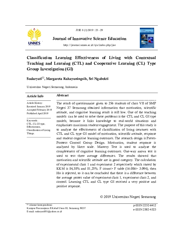 (PDF) Classification Learning Effectiveness of Living with Contextual Teaching and Learning (CTL ...