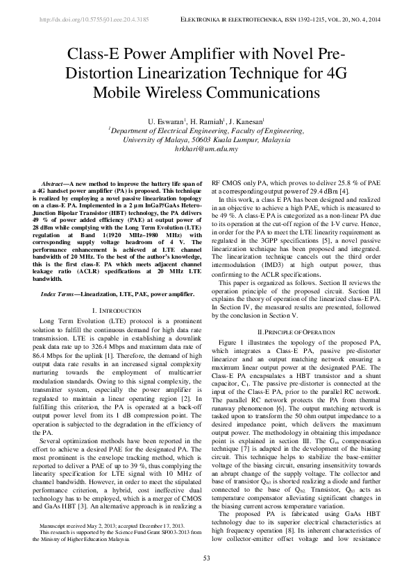 (PDF) Class-E Power Amplifier with Novel Pre-Distortion Linearization Technique for 4G Mobile ...