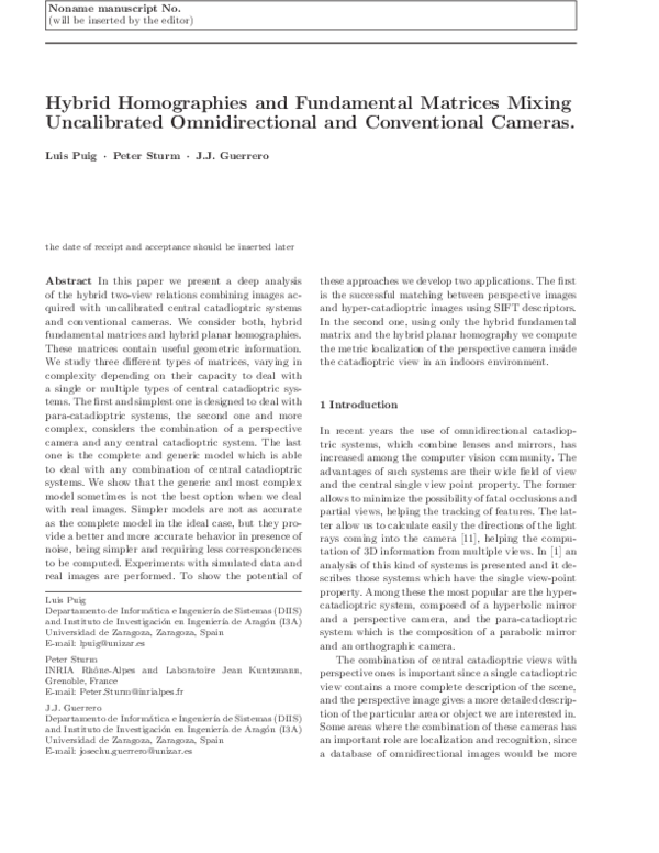(PDF) Hybrid homographies and fundamental matrices mixing uncalibrated ...