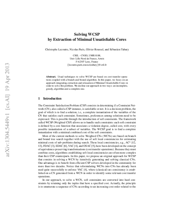(PDF) Solving WCSP by Extraction of Minimal Unsatisfiable Cores