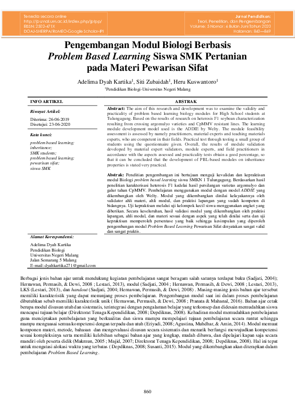(PDF) Pengembangan Modul Biologi Berbasis Problem Based Learning Siswa SMK Pertanian pada Materi ...