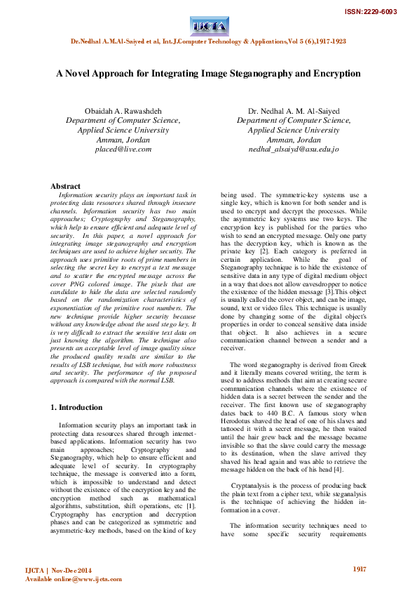 (PDF) A Novel Approach for Integrating Image Steganography and Encryption | Obaidah Rawashdeh ...