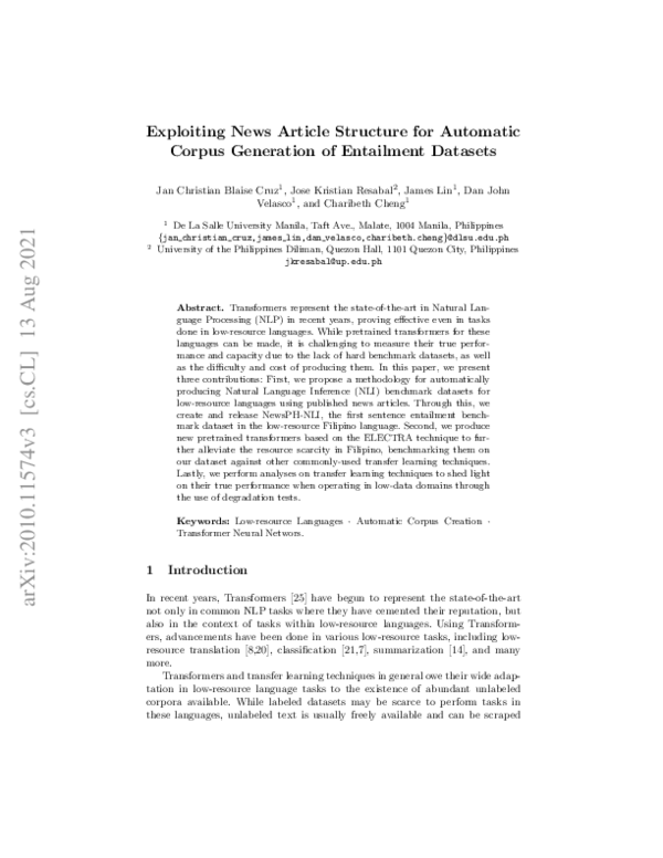 (PDF) Exploiting News Article Structure for Automatic Corpus Generation of Entailment Datasets