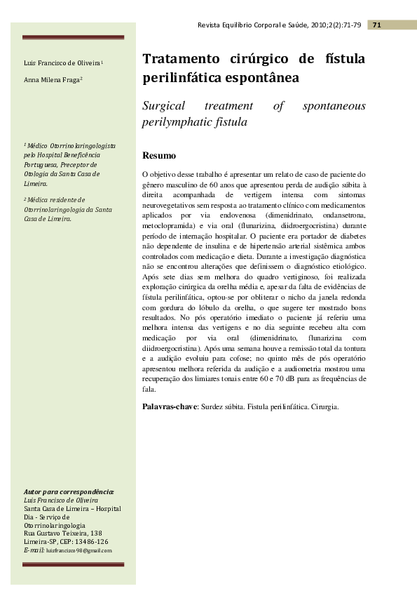 (PDF) Tratamento cirúrgico de fístula perilinfática espontânea