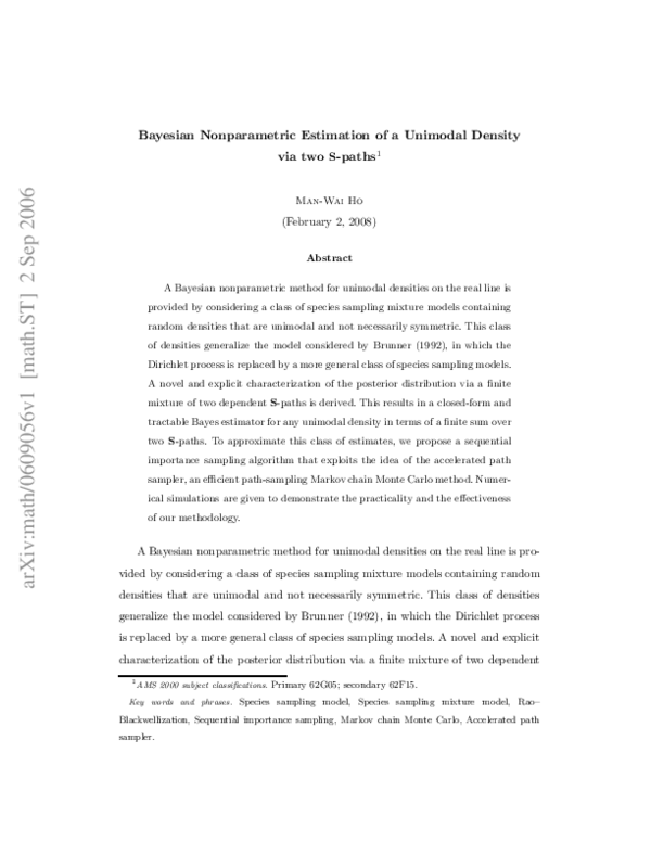 (PDF) Bayesian Nonparametric Estimation of a Unimodal Density via two $\mathbf{S}$-paths