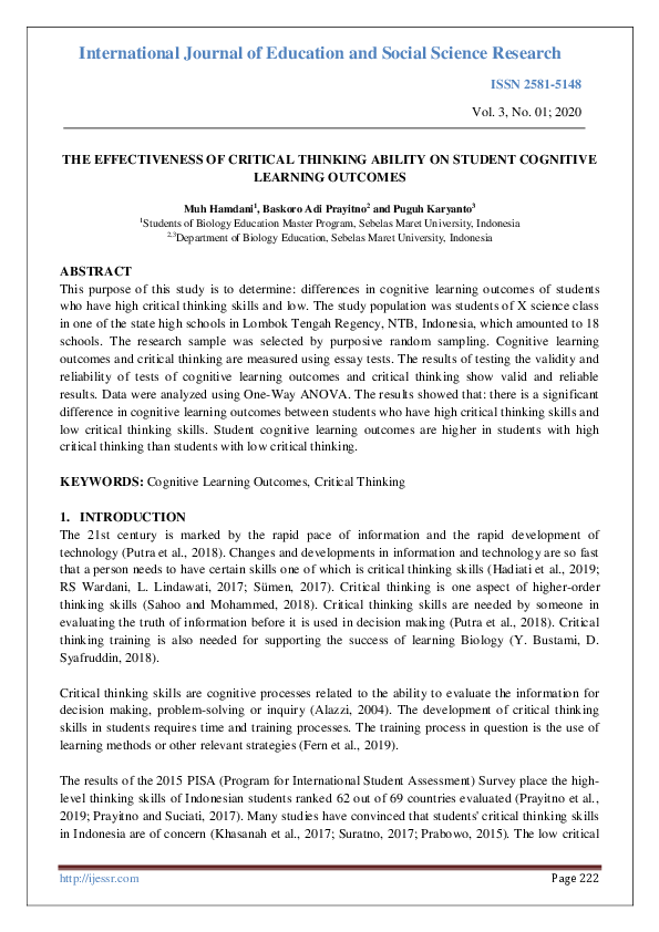(PDF) The Effectiveness of Critical Thinking Ability on Student ...