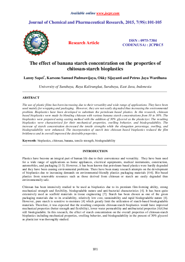 (PDF) The effect of banana starch concentration on the properties ofchitosan-starch bioplastics