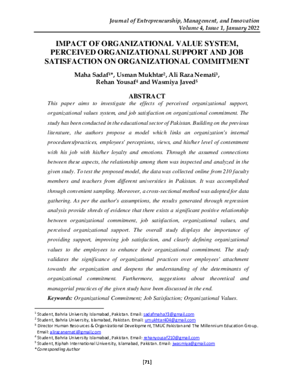 (PDF) Impact of Organizational Value System, Perceived Organizational ...