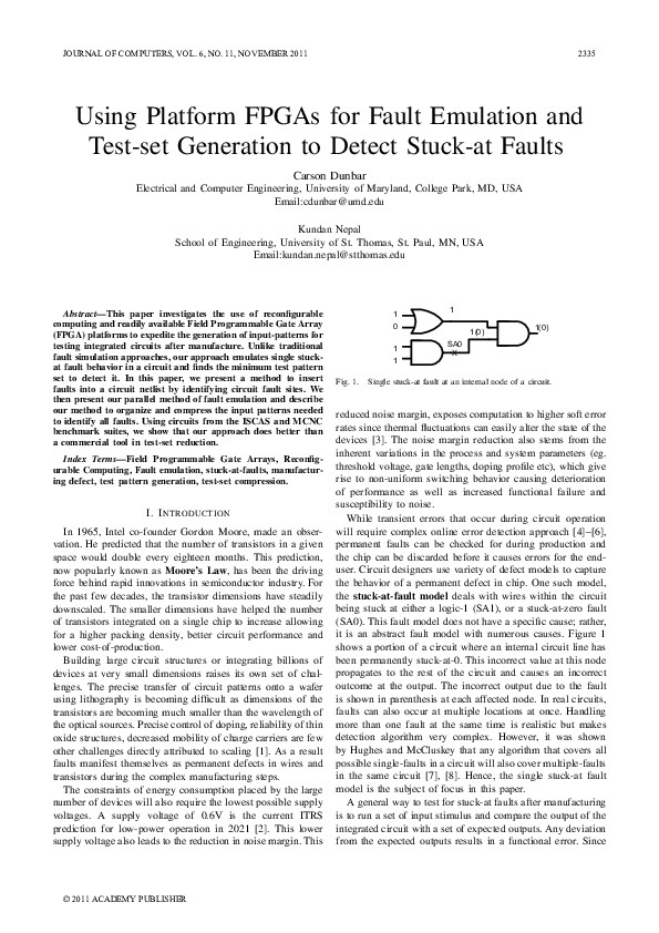 Pdf Using Platform Fpgas For Fault Emulation And Test Set Generation To Detect Stuck At Faults