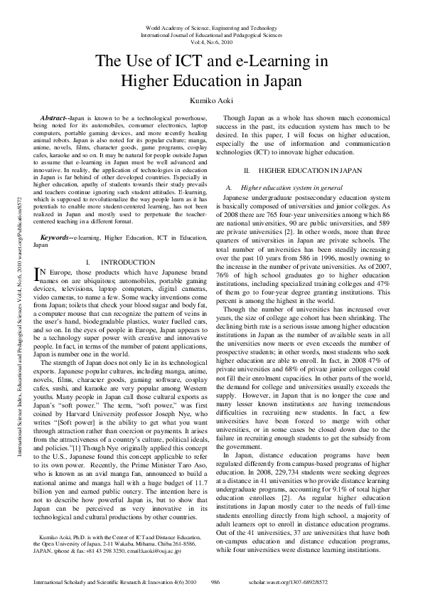 (PDF) The Use Of Ict And E-Learning In Higher Education In Japan