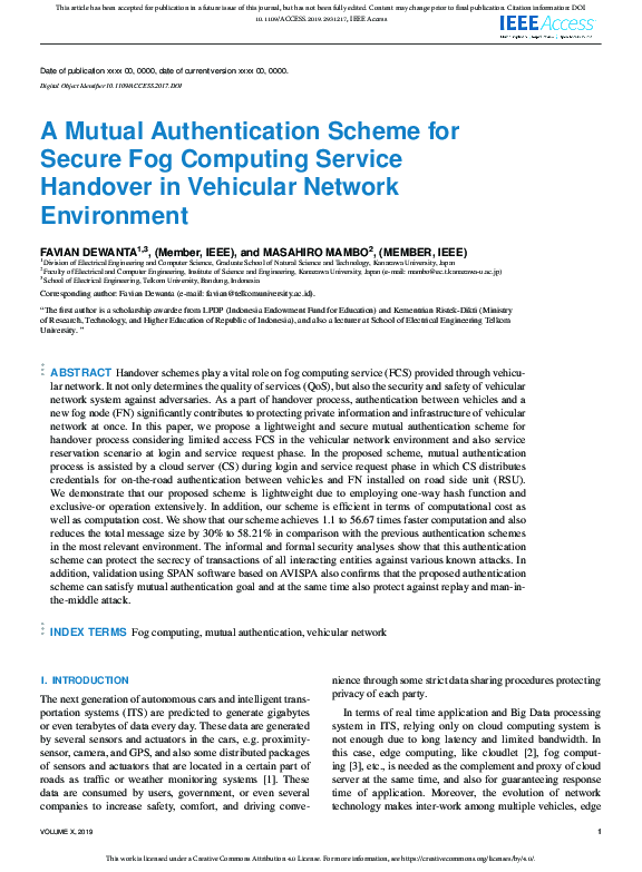 Pdf A Mutual Authentication Scheme For Secure Fog Computing Service