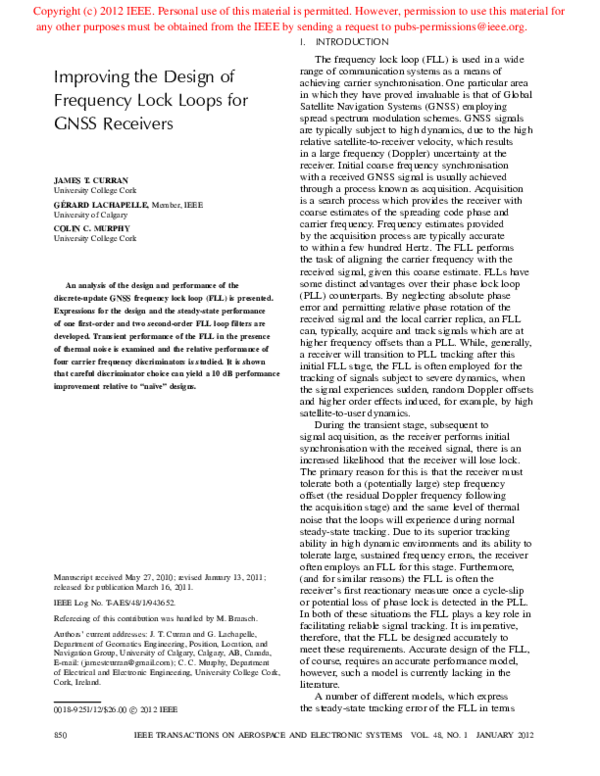 (PDF) Improving the Design of Frequency Lock Loops for GNSS Receivers