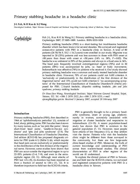 (PDF) Primary stabbing headache in a headache clinic