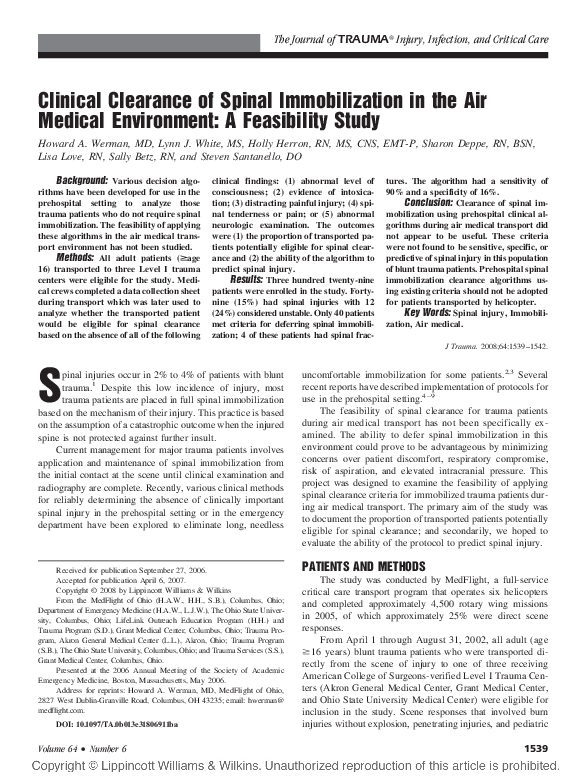 (PDF) Clinical Clearance of Spinal Immobilization in the Air Medical ...