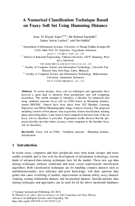 (PDF) A Numerical Classification Technique Based on Fuzzy Soft Set Using Hamming Distance