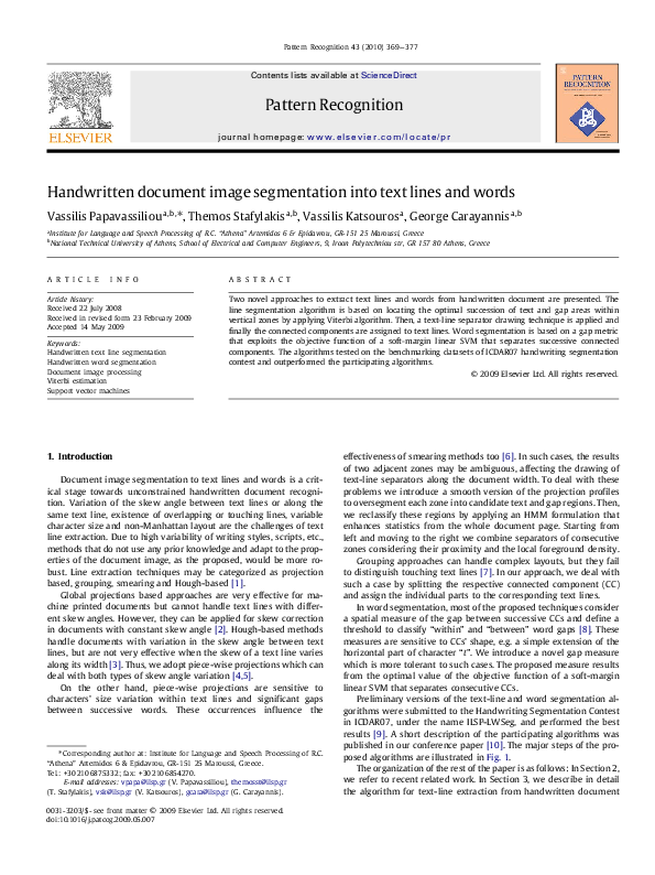 (PDF) Handwritten document image segmentation into text lines and words