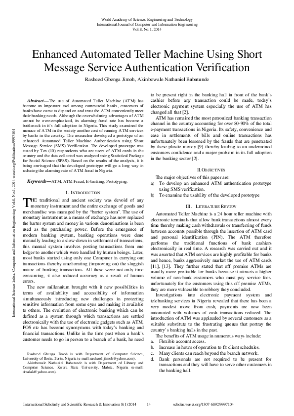(PDF) Enhanced Automated Teller Machine Using Short Message Service Authentication Verification