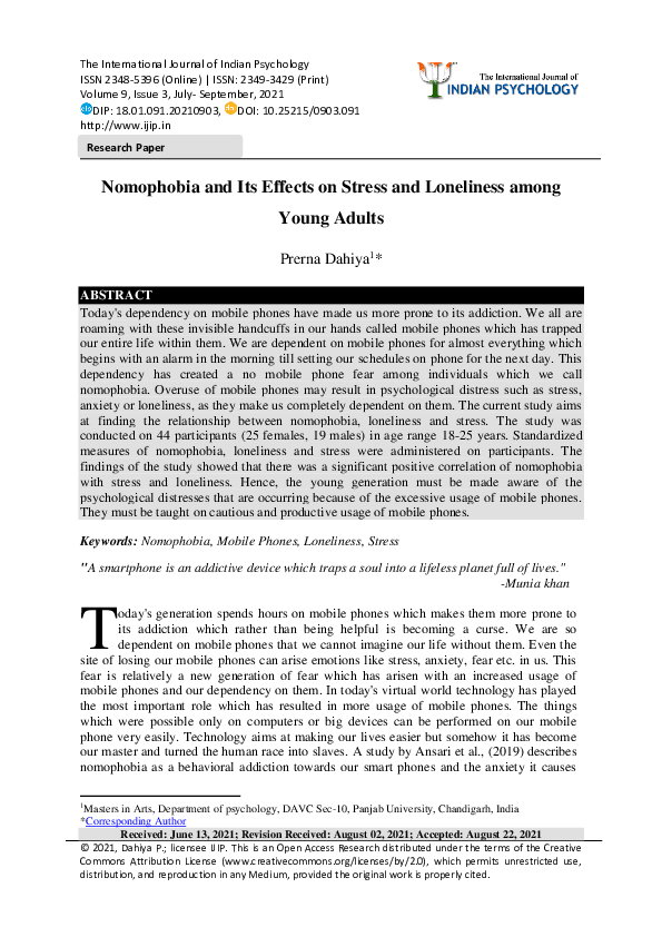 (PDF) Nomophobia and Its Effects on Stress and Loneliness among Young ...