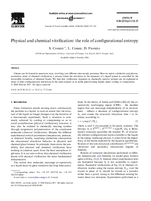 (PDF) Physical and chemical vitrification: the role of configurational entropy