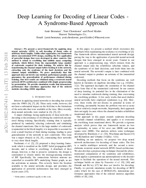 Pdf Deep Learning For Decoding Of Linear Codes A Syndrome Based Approach Pavel Kisilev