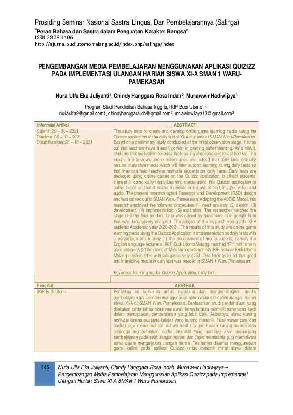 (PDF) Pengembangan Media Pembelajaran Menggunakan Aplikasi Quizizz Pada Implementasi Ulangan ...