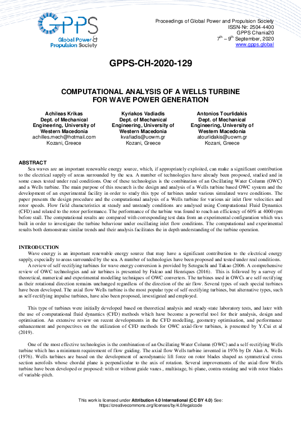 Pdf Computational Analysis Of A Wells Turbine For Wave Power Generation