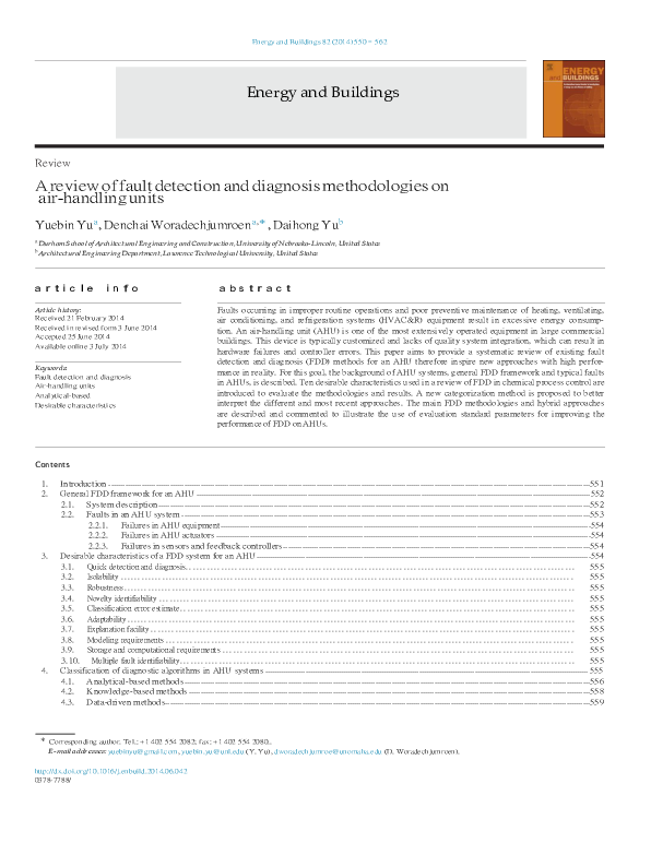 (PDF) A review of fault detection and diagnosis methodologies on air-handling units