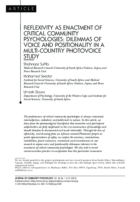 (PDF) Reflexivity as Enactment of Critical Community Psychologies ...