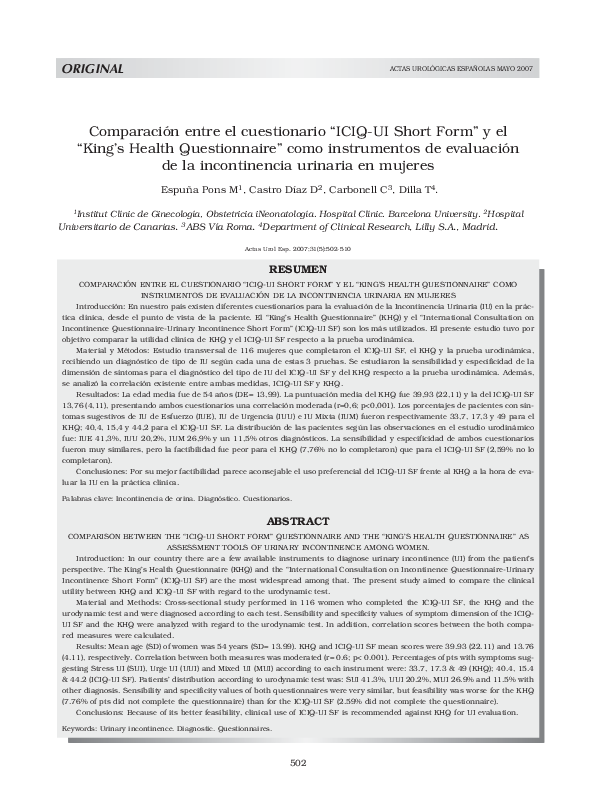 (PDF) Comparación entre el cuestionario “ICIQ-UI Short Form” y el “King ...