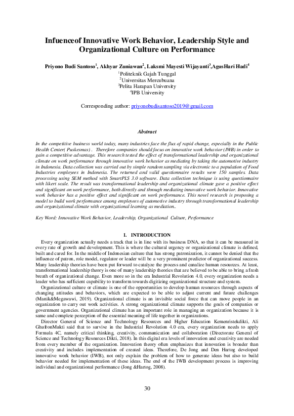 (PDF) Infuenceof Innovative Work Behavior, Leadership Style and ...