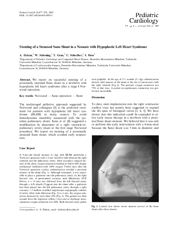 (PDF) Stenting of a Stenosed Sano Shunt in a Neonate with Hypoplastic ...