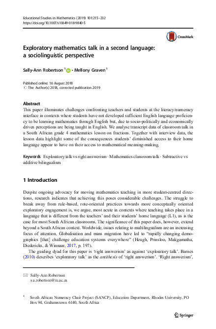 (PDF) Exploratory mathematics talk in a second language: a ...