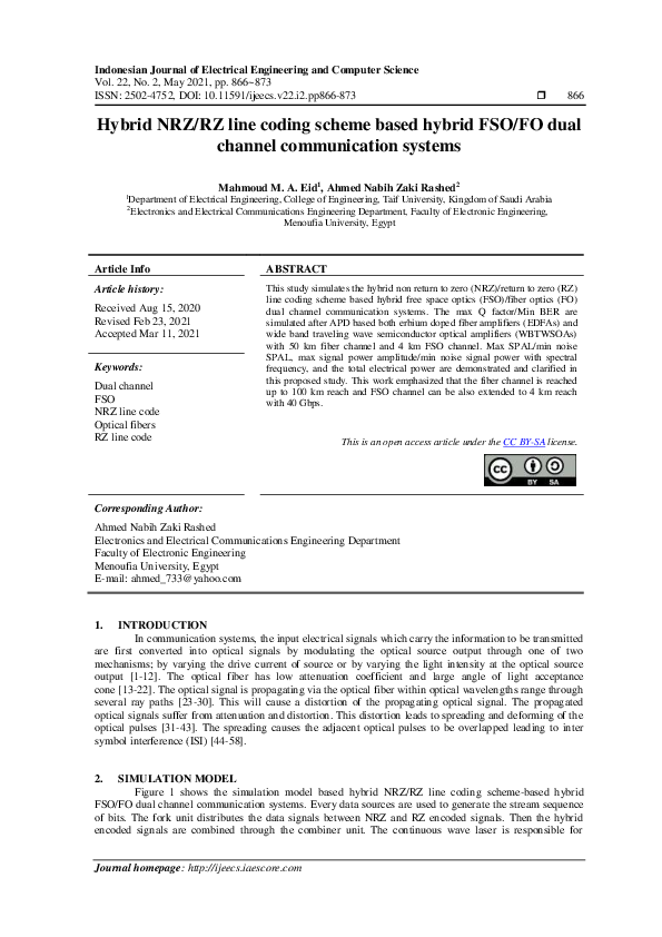 (PDF) Hybrid NRZ/RZ line coding scheme based hybrid FSO/FO dual channel ...