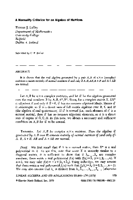 (PDF) A normality criterion for an algebra of matrices | Thomas J ...