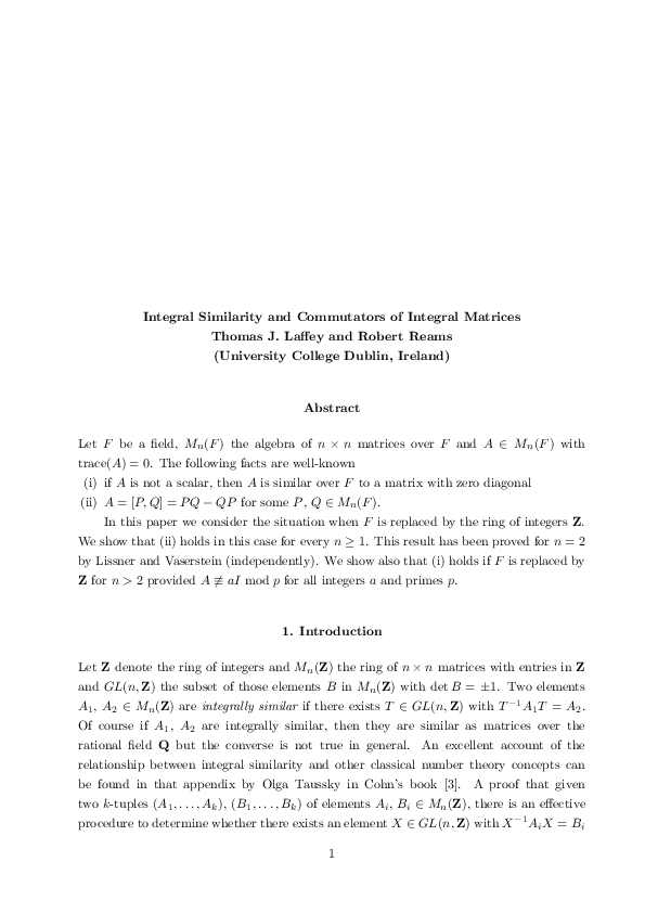 Pdf Integral Similarity And Commutators Of Integral Matrices
