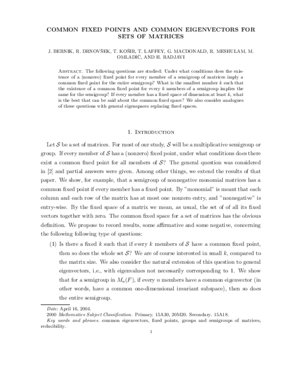 (PDF) Common fixed points and common eigenvectors for sets of matrices