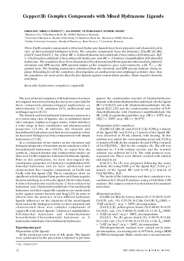 (PDF) Copper(II) Complex Compounds with Mixed Hydrazone Ligands | Emilia Ion - Academia.edu