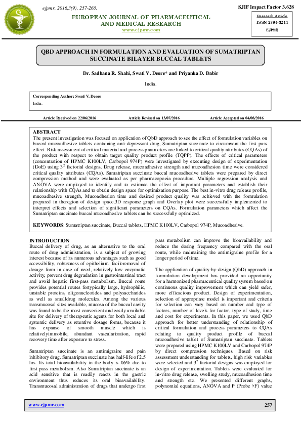Pdf Qbd Approach In Formulation And Evaluation Of Sumatriptan