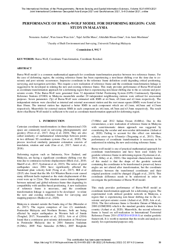 (PDF) Performance of Bursa-Wolf Model for Deforming Region: Case Study ...