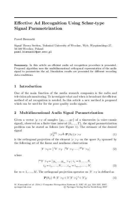 (PDF) Effective Ad Recognition Using Schur-type Signal Parametrization