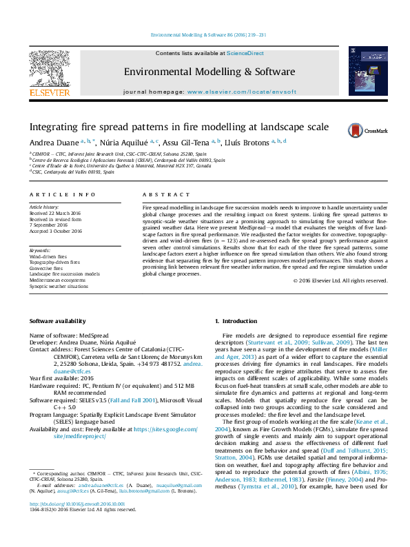 (PDF) Integrating fire spread patterns in fire modelling at landscape scale