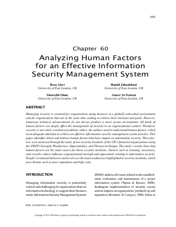 (PDF) Analyzing Human Factors for an Effective Information Security ... (PDF) Analyzing Human Factors for an Effective Information Security ...