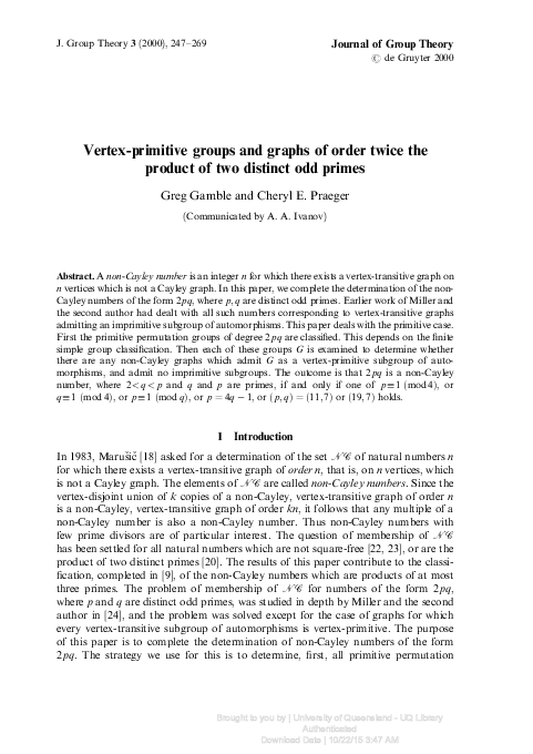 (PDF) Vertex-primitive groups and graphs of order twice the product of two distinct odd primes