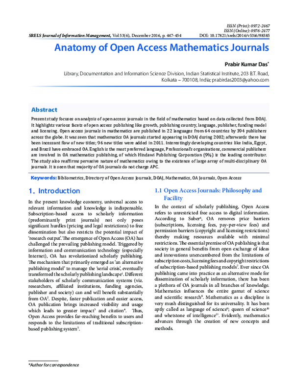 (PDF) Anatomy of Open Access Mathematics Journals