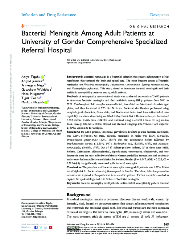 (PDF) Bacterial Meningitis Among Adult Patients at University of Gondar ...