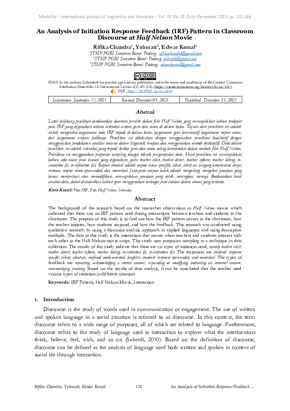 (PDF) An Analysis of Initiation Response Feedback (IRF) Pattern in ...