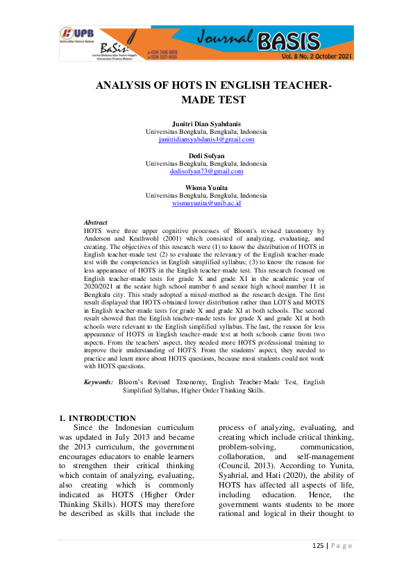 (PDF) Analysis of Hots in English Teacher-Made Test