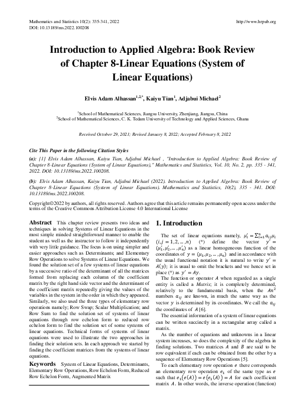 (PDF) Introduction to Applied Algebra: Book Review of Chapter 8-Linear ...